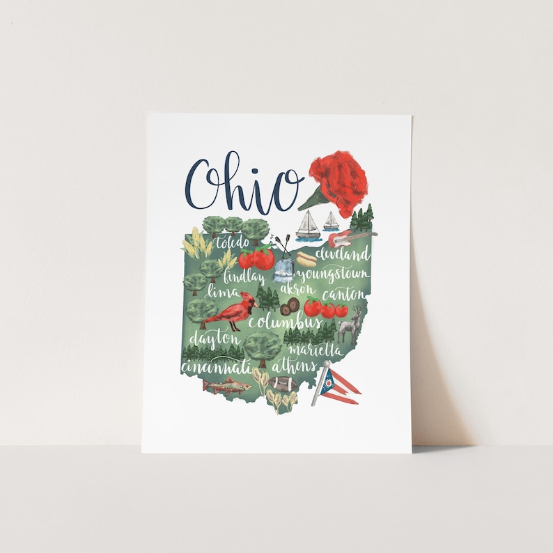 Ohio State Map Landmark Drawing | OH Columbus Cincinnati Gift Idea ...