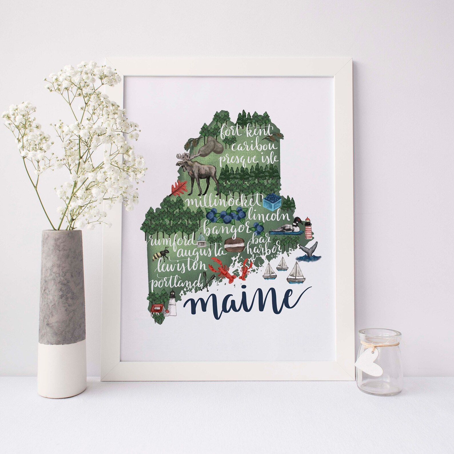 Maine State Map Drawing ME Illustration Gift Bar Harbor - Etsy