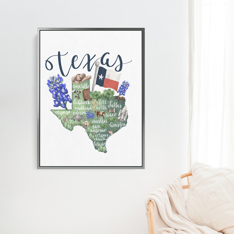 Texas Print | State Map Artwork With Home State Drawing for Hometown ...