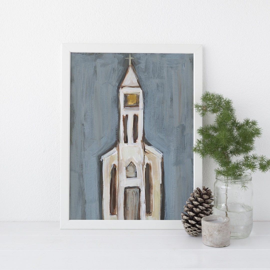 Blue Church Painting | Farmhouse Rustic Decor and Religious Christian ...