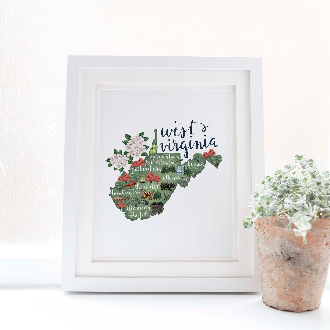 West Virginia Map Home State Landmark WV Gift Drawing Decor - Etsy