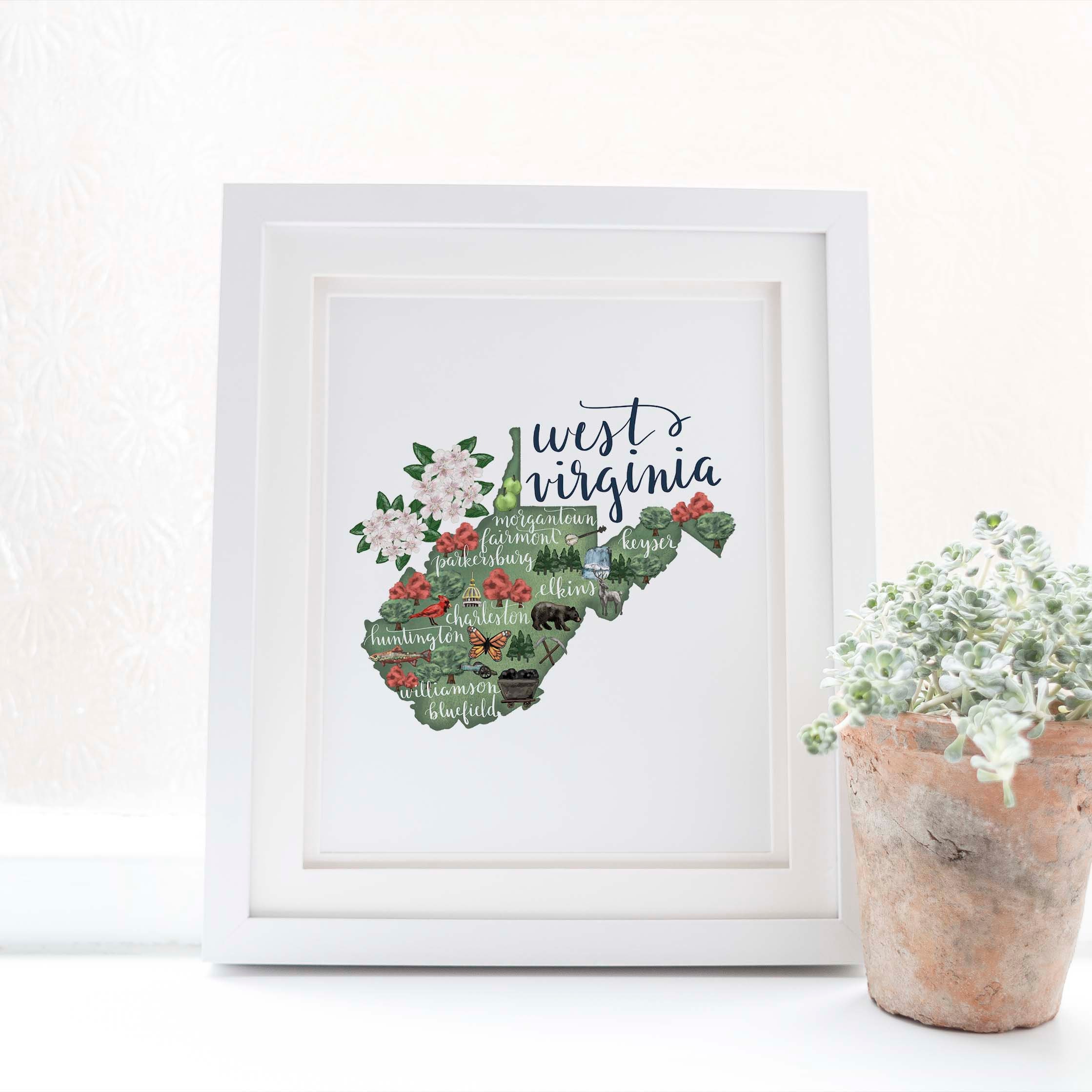 West Virginia Map Home State Landmark WV Gift Drawing Decor - Etsy