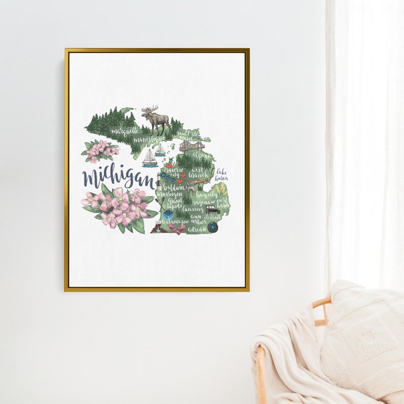 Michigan State Map Gift | Illustration of Landmarks for MI Wall Art ...