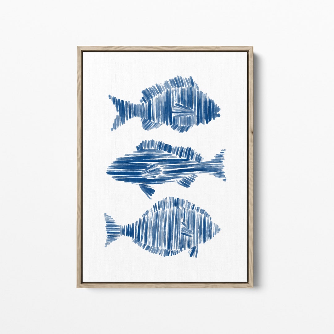 Minimalist Sea Life Artwork Modern Fish Blue and White Vertical Beach ...