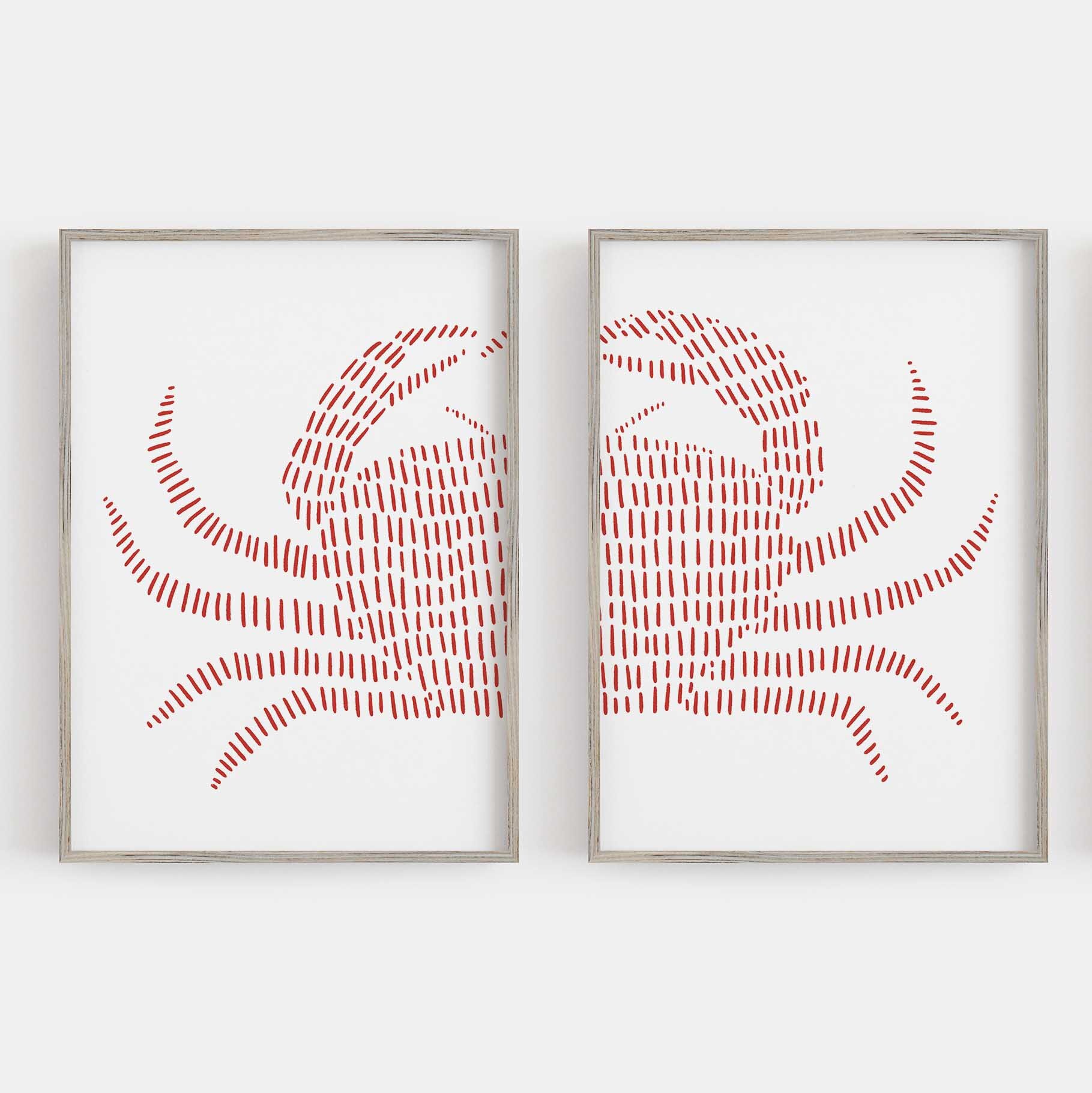 Red Crab Print Set Modern Nautical Minimalist Beach House - Etsy