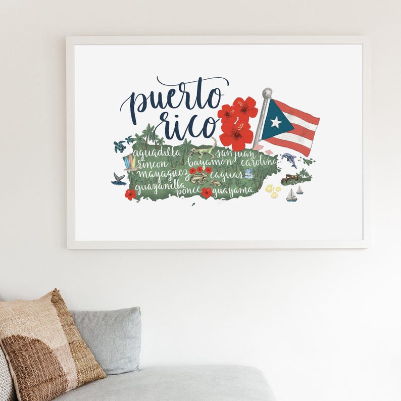 Puerto Rico Map Gift | Illustrated Home Decor State Map Gift Idea | PR ...