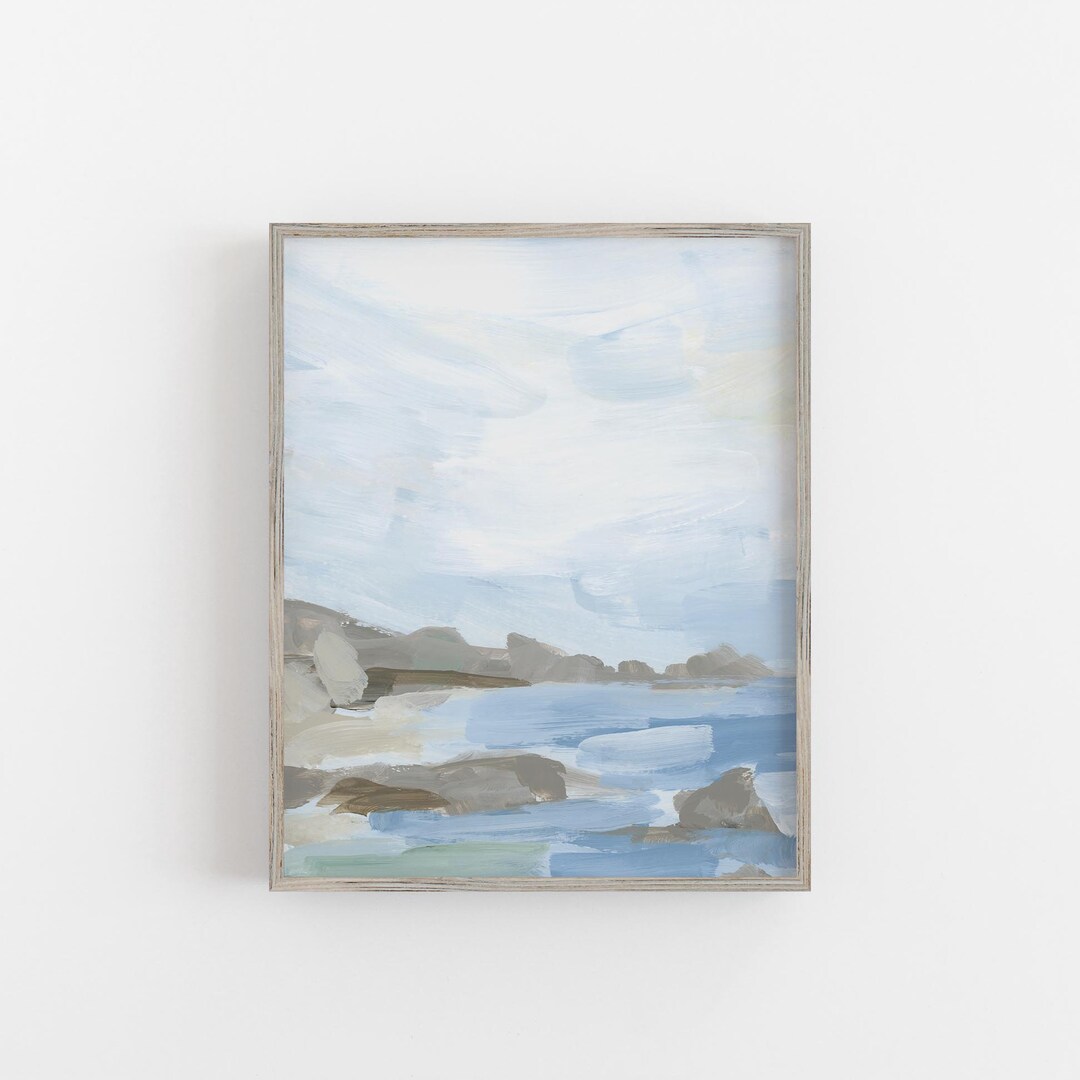 Light Coastal Artwork | Minimalist Beachscape Painting in Blue Ocean ...