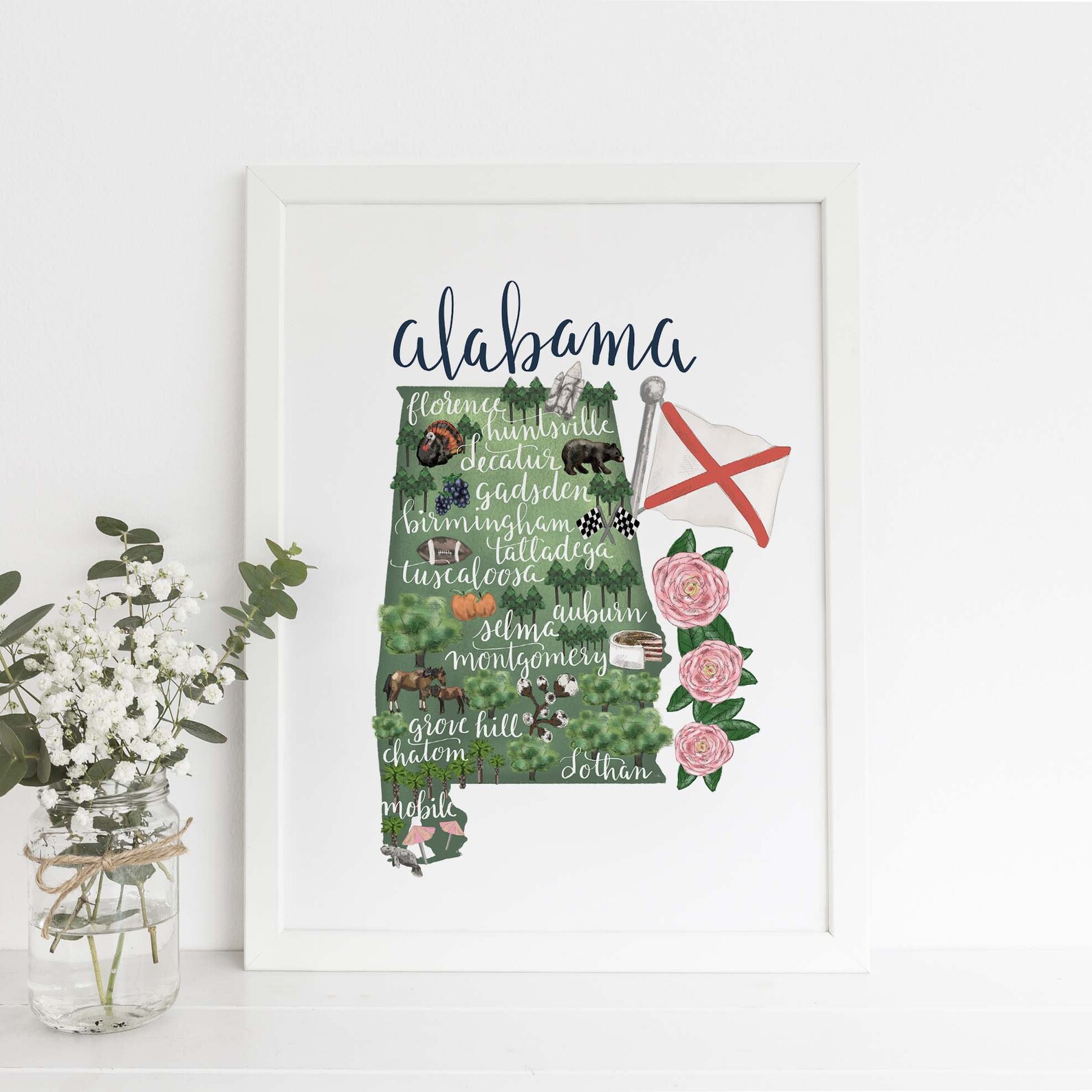 Alabama Home State Map Poster Illustrated AL Bama Gift Idea | Etsy