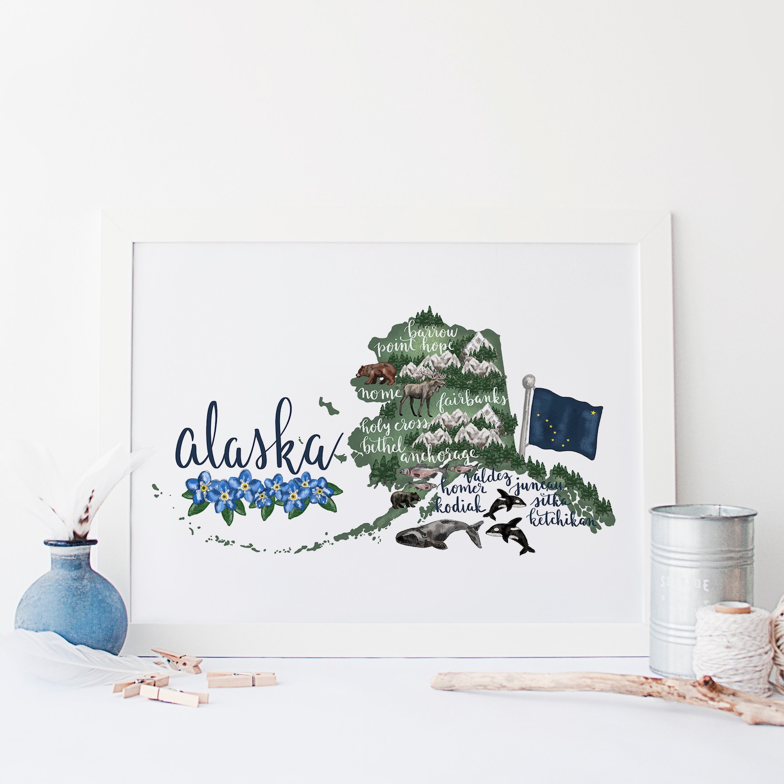 Alaska State Poster Gift Map AK Hometown Illustrated Poster - Etsy