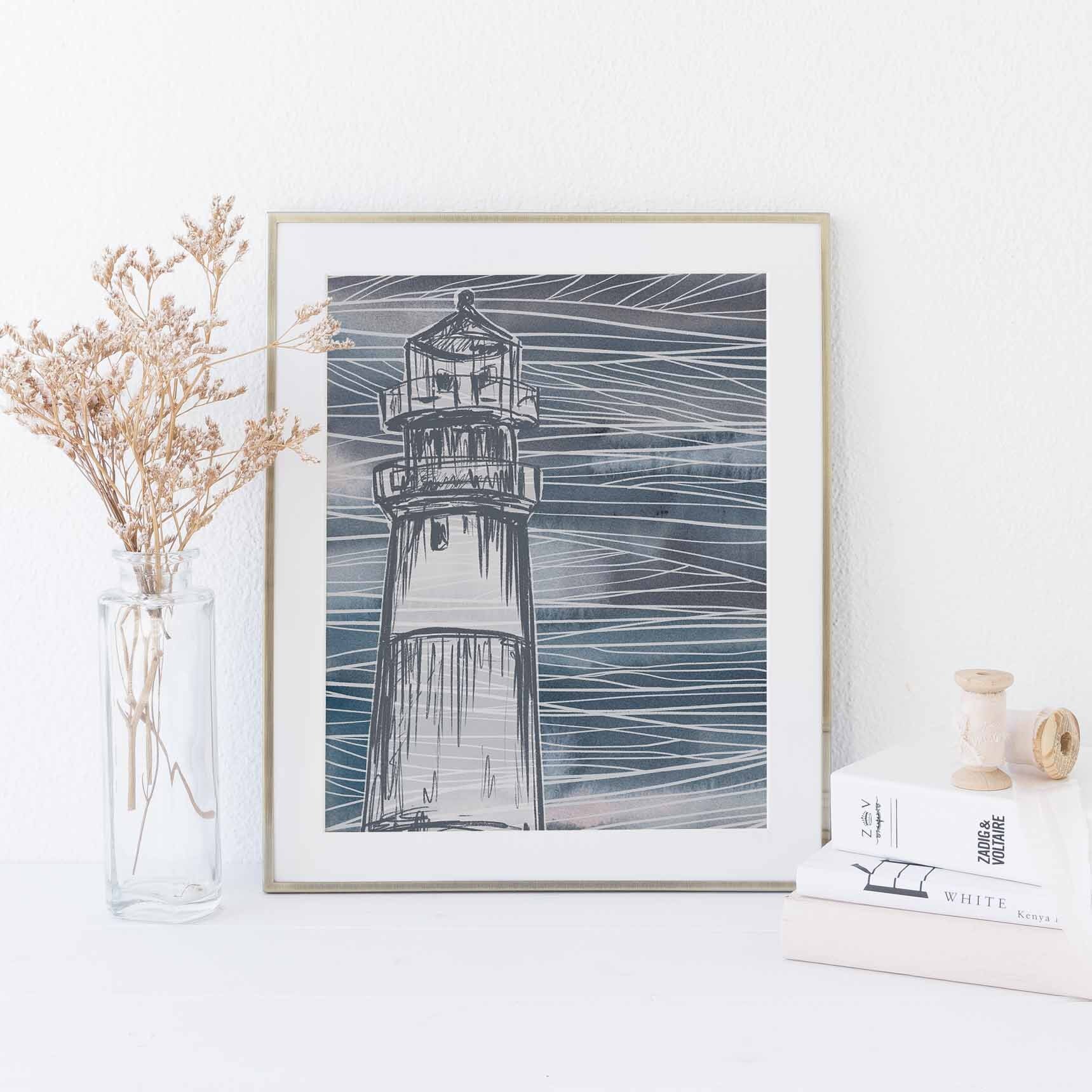 Lighthouse Print Nautical Illustration Blue and White Artwork - Etsy