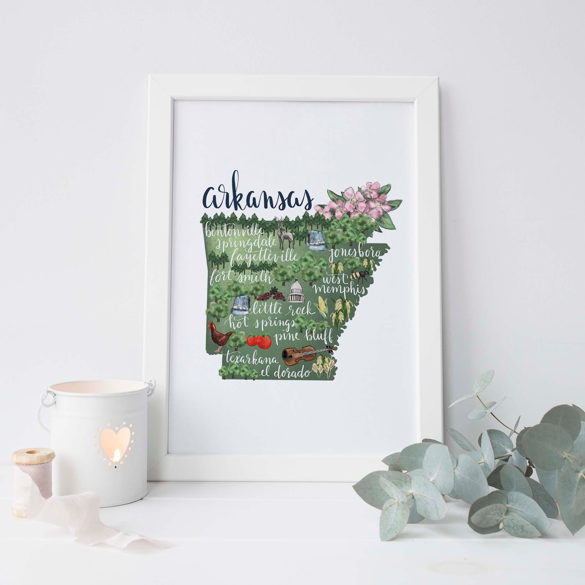 Arkansas State Map Gift Drawing Illustration Hometown Landmark - Etsy