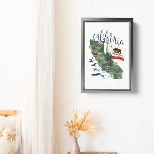 California Wall Print State Map Artwork With Landmark Illustration, CA ...