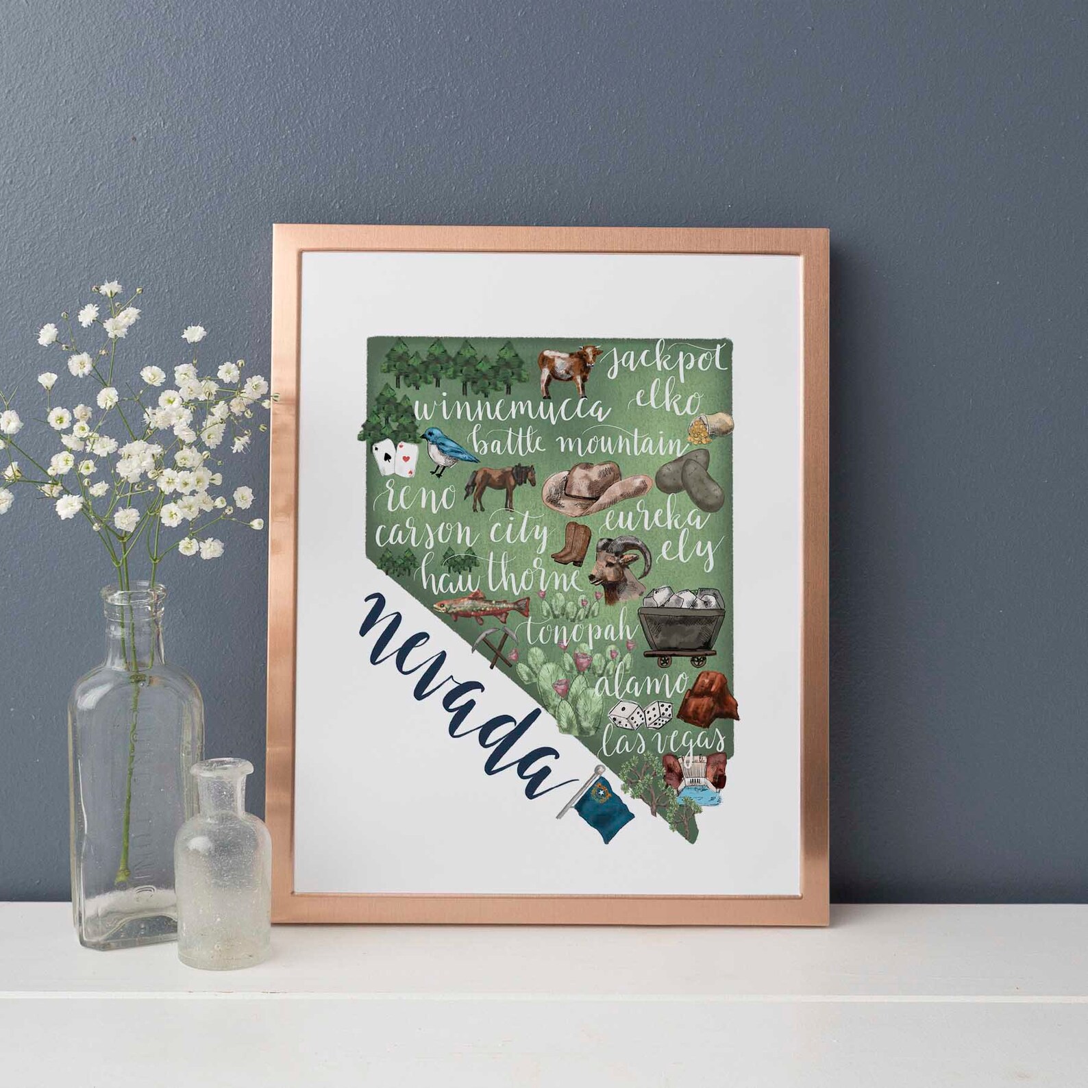 Nevada State Map Wall Art Las Vegas NV Gift Hometown Reno Art - Etsy