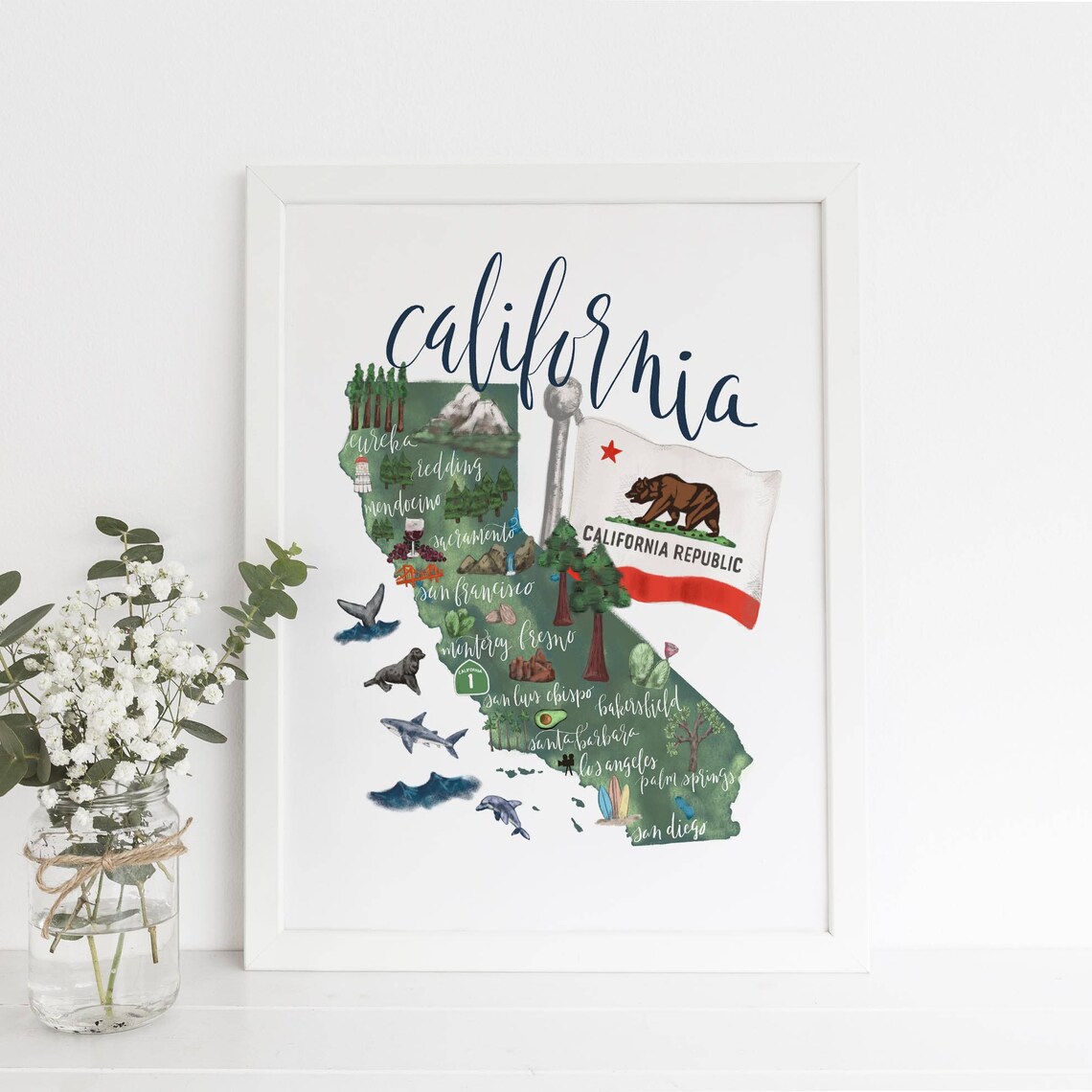 California Wall Print State Map Artwork CA Gift Hometown Cali | Etsy