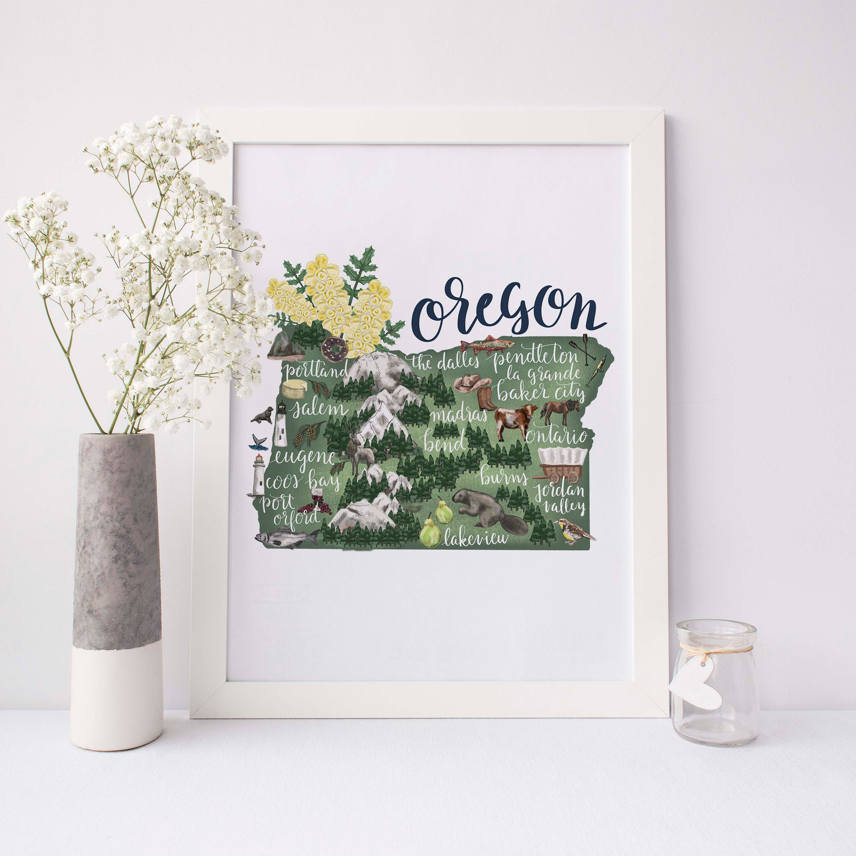 Oregon Wall Art Print State Map Illustration Portland Poster - Etsy