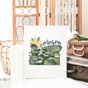 Oregon Wall Art Print | State Map Illustration With Portland Landmark ...