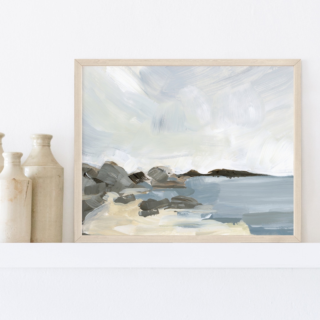 Coastal Wall Art Landscape Seashore Painting Shoreline Art Neutral Blue ...