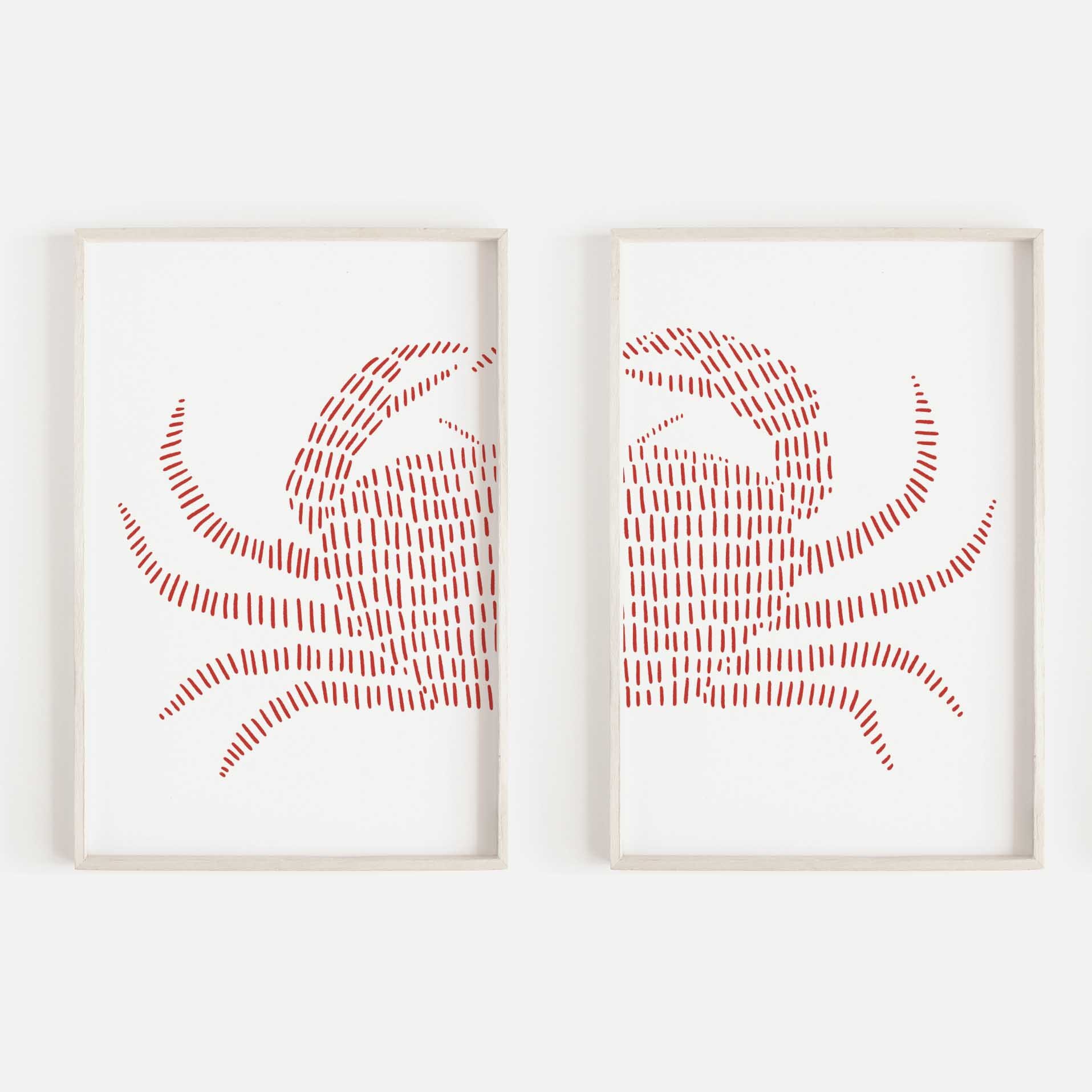 Red Crab Print Set Modern Nautical Minimalist Beach House - Etsy
