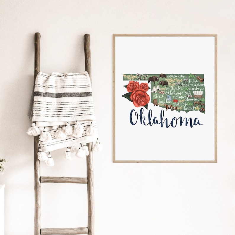 Oklahoma Print Map | Home State Gift With Hometown Decor and Landmark ...