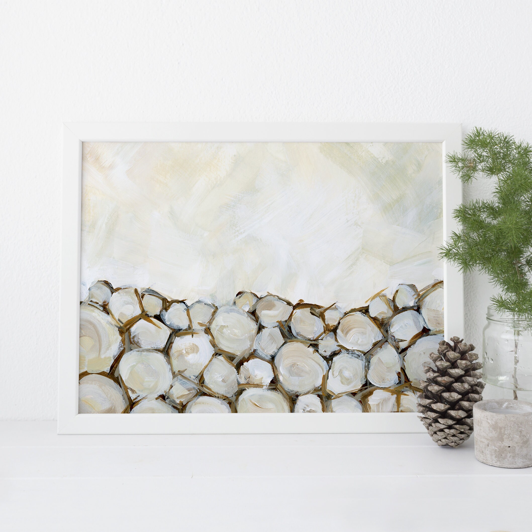 Winter Scene Tree Logs Painting Neutral Beige and Brown Modern | Etsy