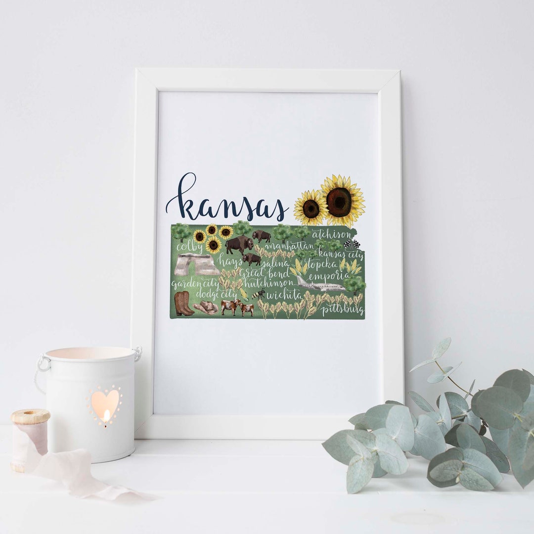 Kansas State Map Wall Poster Gift Illustration With Hometown Landmark ...