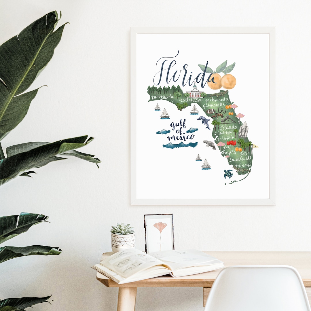 Florida Map Wall Art | State Landmark Illustration, Gift Idea Poster ...