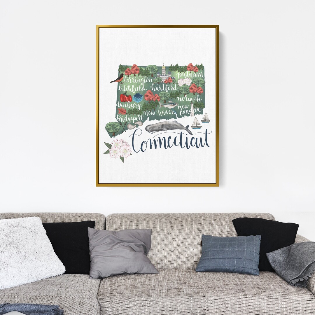 Connecticut State Map | Gift With CT Landmark Illustration | Wall Art ...