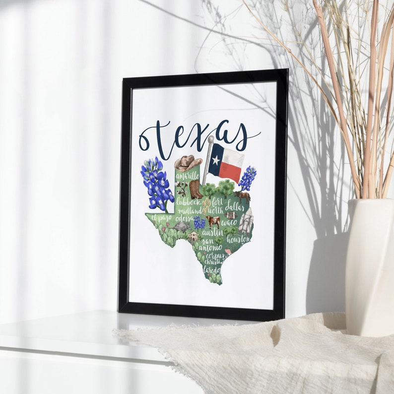Texas Print | State Map Artwork With Home State Drawing for Hometown ...