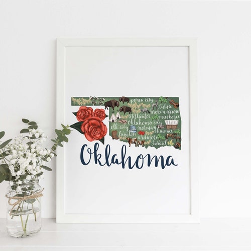 Illustrated Oklahoma Art Cute Oklahoma Map Print Modern - Etsy