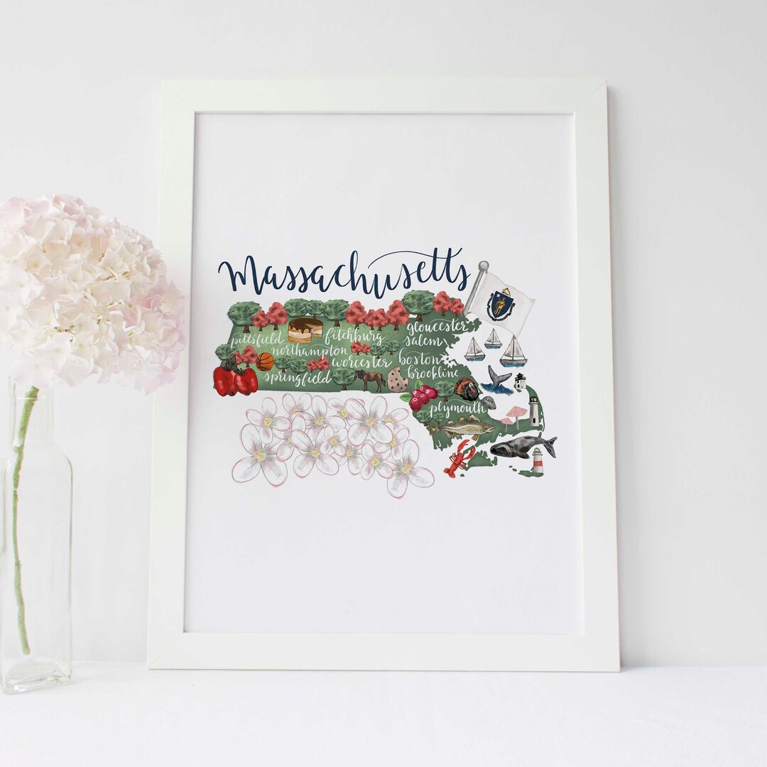 Massachusetts Map Gift Home State Typography Landmark Drawing MA Wall ...