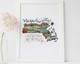 Massachusetts Map Wall Print Watercolors Collage USA Art Map - Etsy
