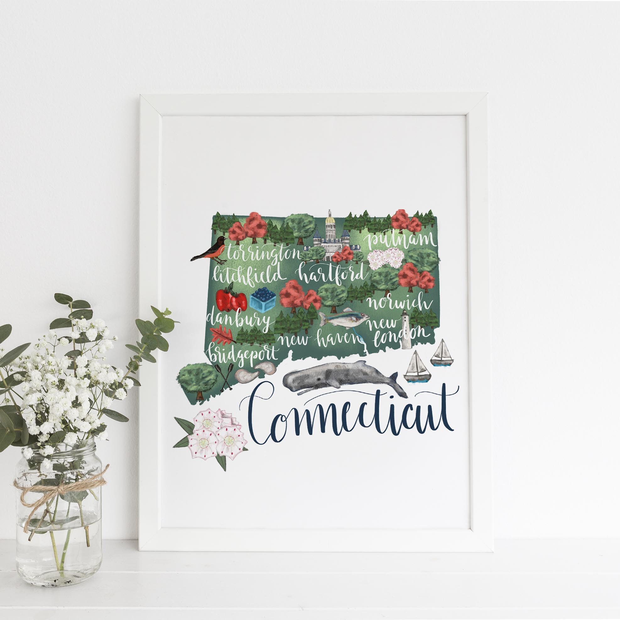 Connecticut State Map Gift CT Landmark Illustration Wall Art - Etsy