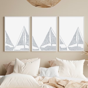 Sailboat Print Nautical Decor Coastal Set of 3 Triptych Blue & White ...