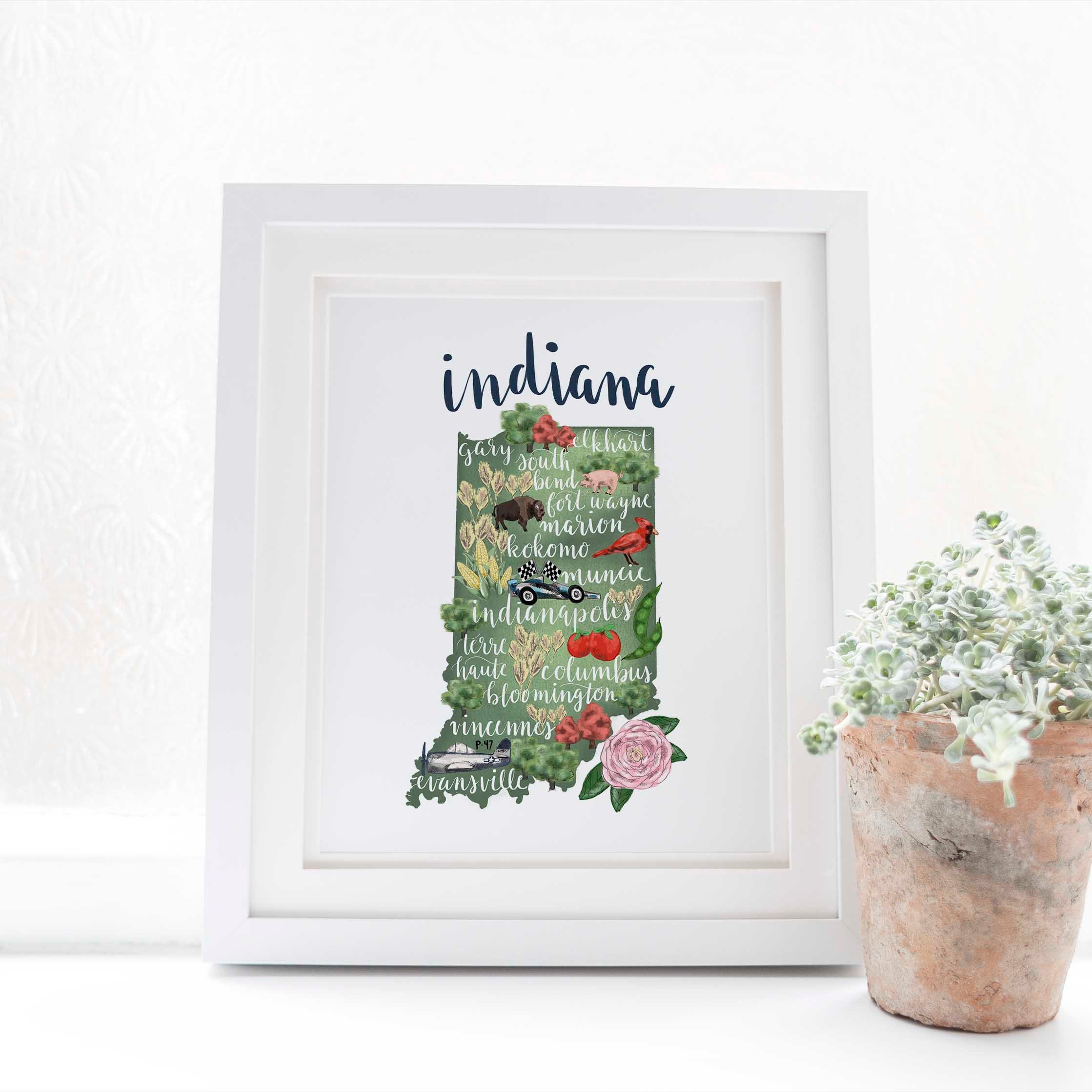 Indiana Map Home State Prints Indianapolis Hoosier State Gift | Etsy