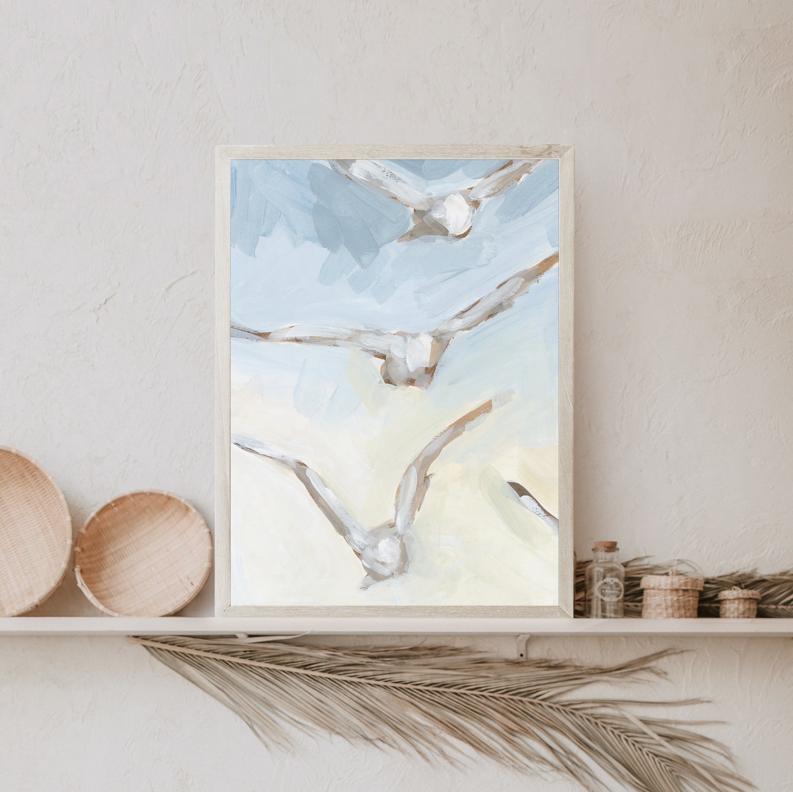 Modern Coastal Home Decor Sea Gull Seabird Painting Light Neutral Blue ...