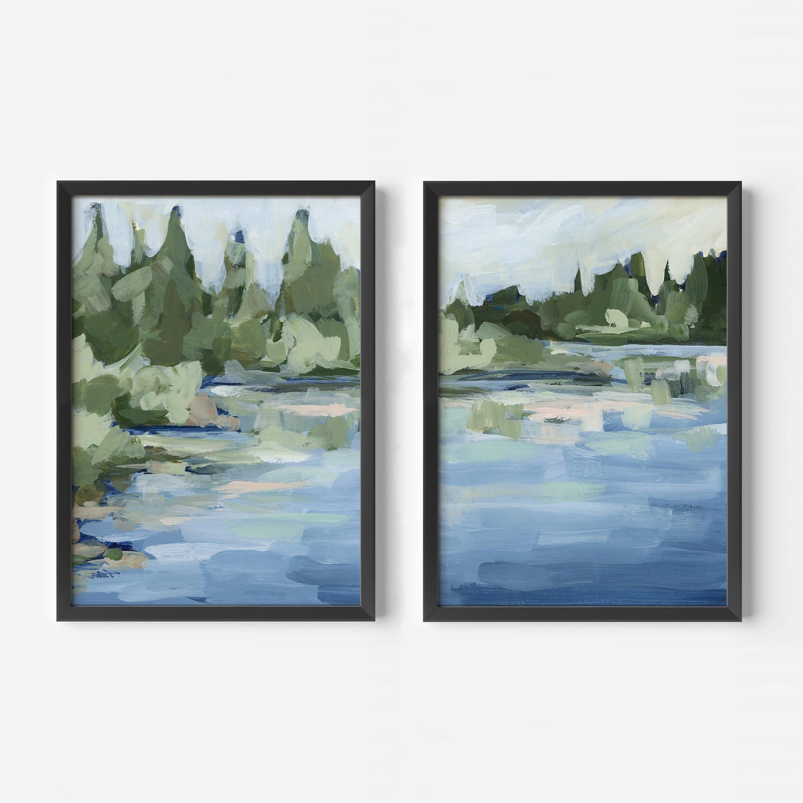 Lake Landscape Painting | "lakefront Views" - Set of 2 - Art Prints or ...