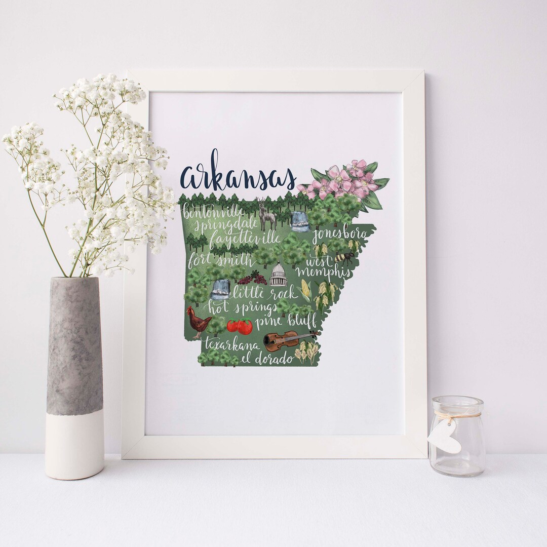 Arkansas State Map Gift Drawing Illustration Hometown Landmark Southern ...