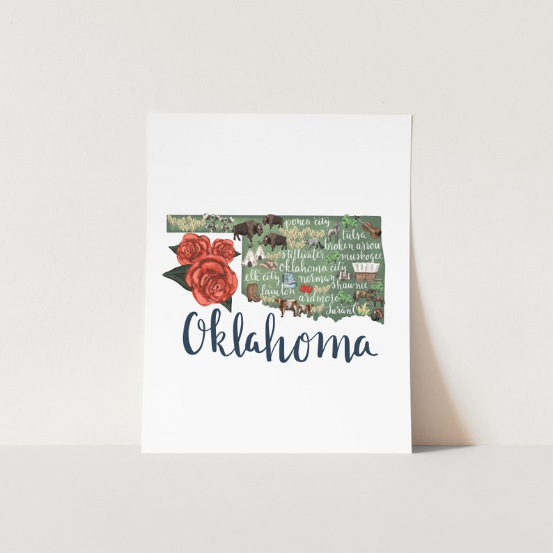 Oklahoma Print Map | Home State Gift With Hometown Decor and Landmark ...