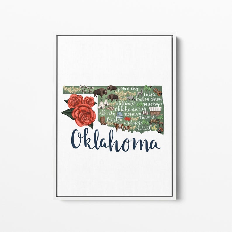 Oklahoma Print Map | Home State Gift With Hometown Decor and Landmark ...