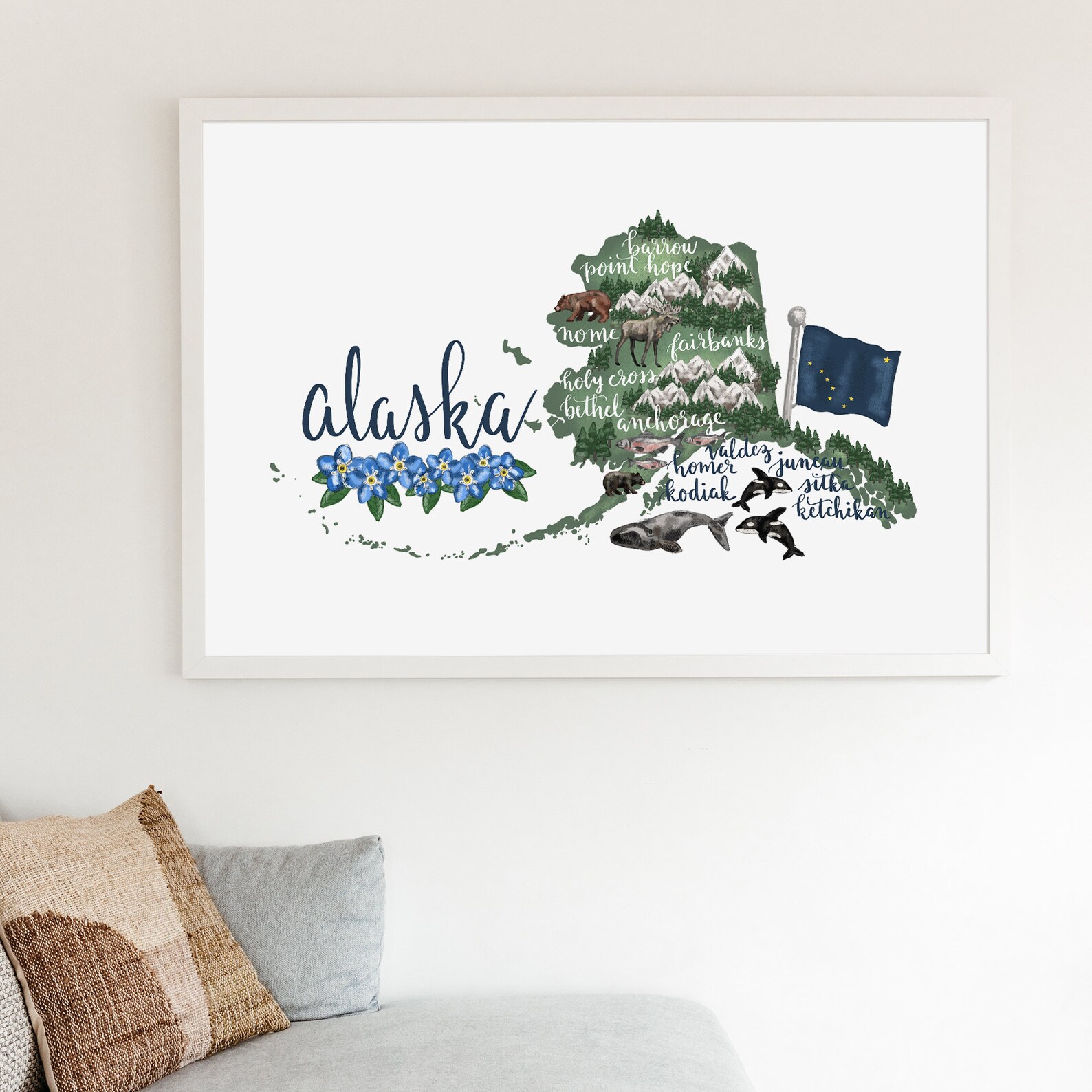 Alaska State Poster | Gift Map AK Hometown Illustrated Decor Wall Art ...
