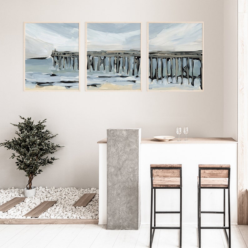 Beach Triptych Decor Coastal Wall Art Pier Painting Large - Etsy