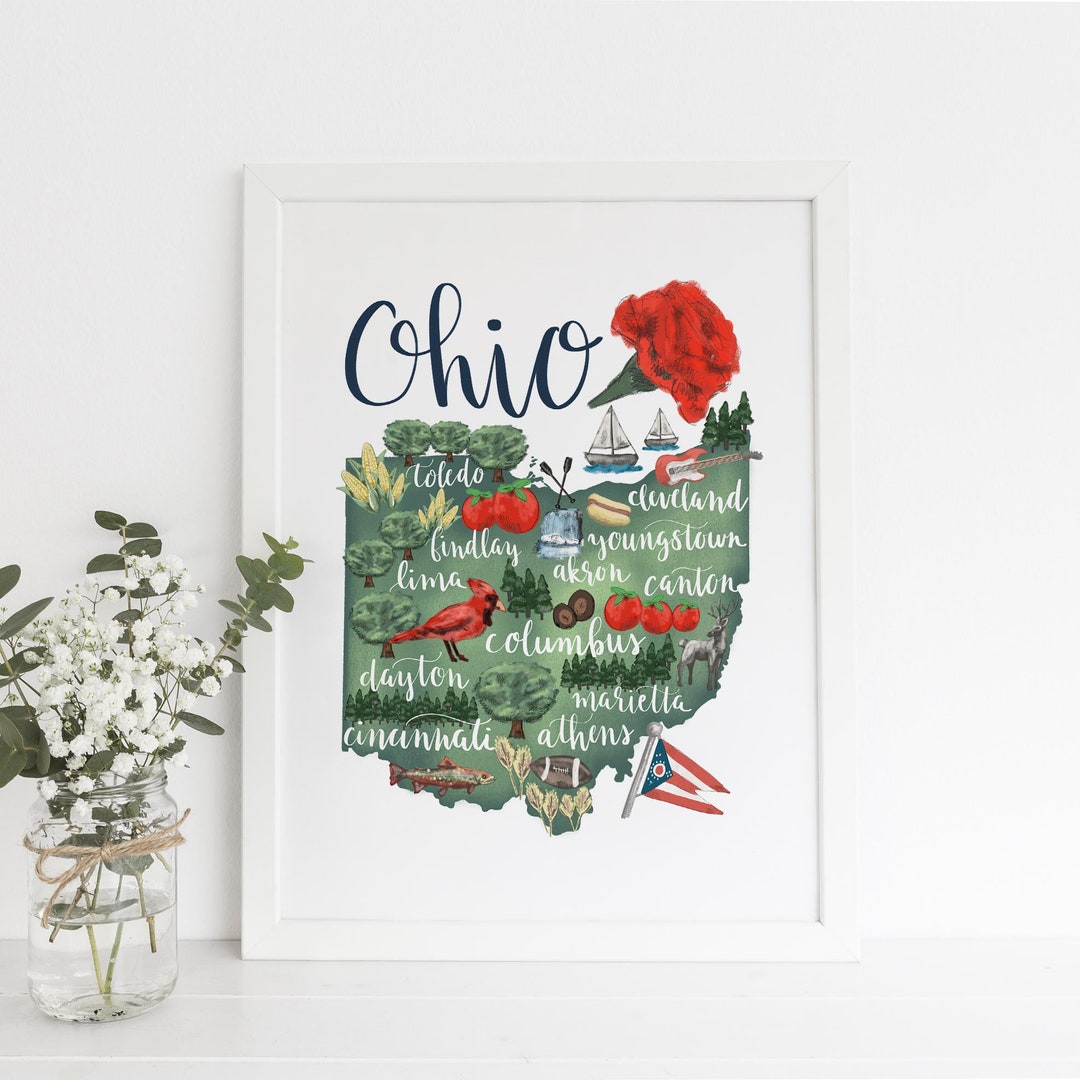 Ohio State Map Landmark Drawing OH Columbus Cincinnati Gift Idea Art ...