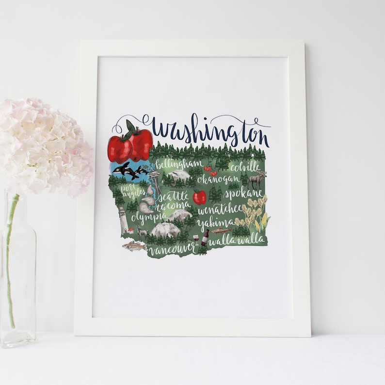 Washington State Map Gift Illustrated Hometown Landmark Map WA | Etsy