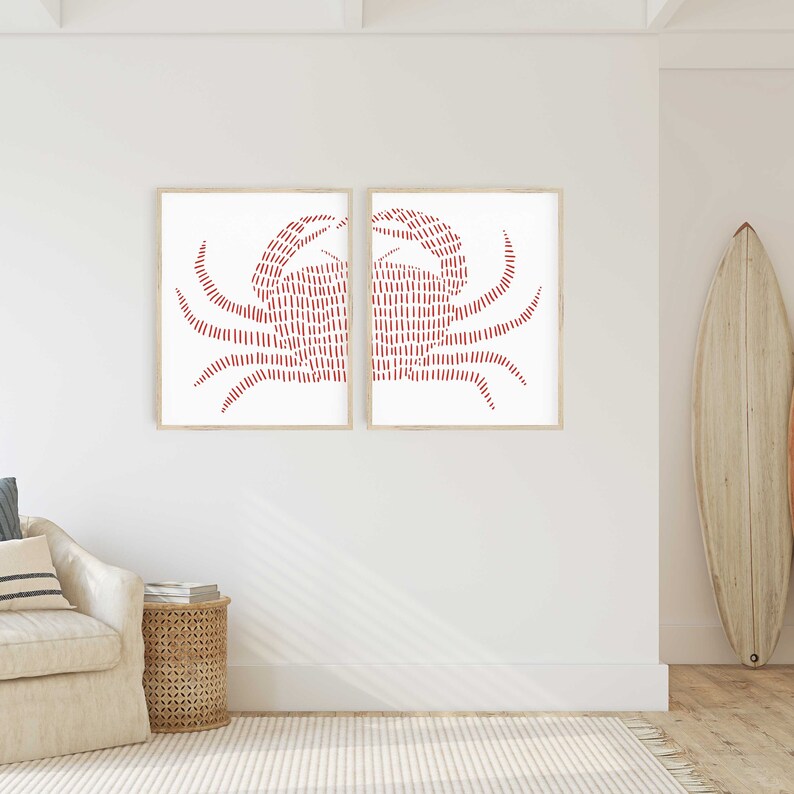 Red Crab Print Set Modern Nautical Minimalist Beach House - Etsy