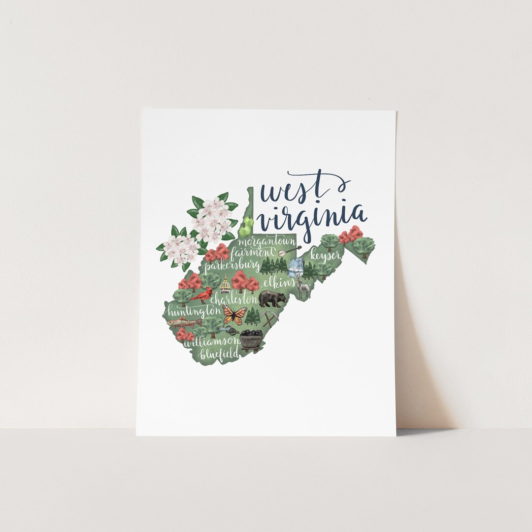 West Virginia Map | Home State Landmark WV Gift Drawing for Decor ...