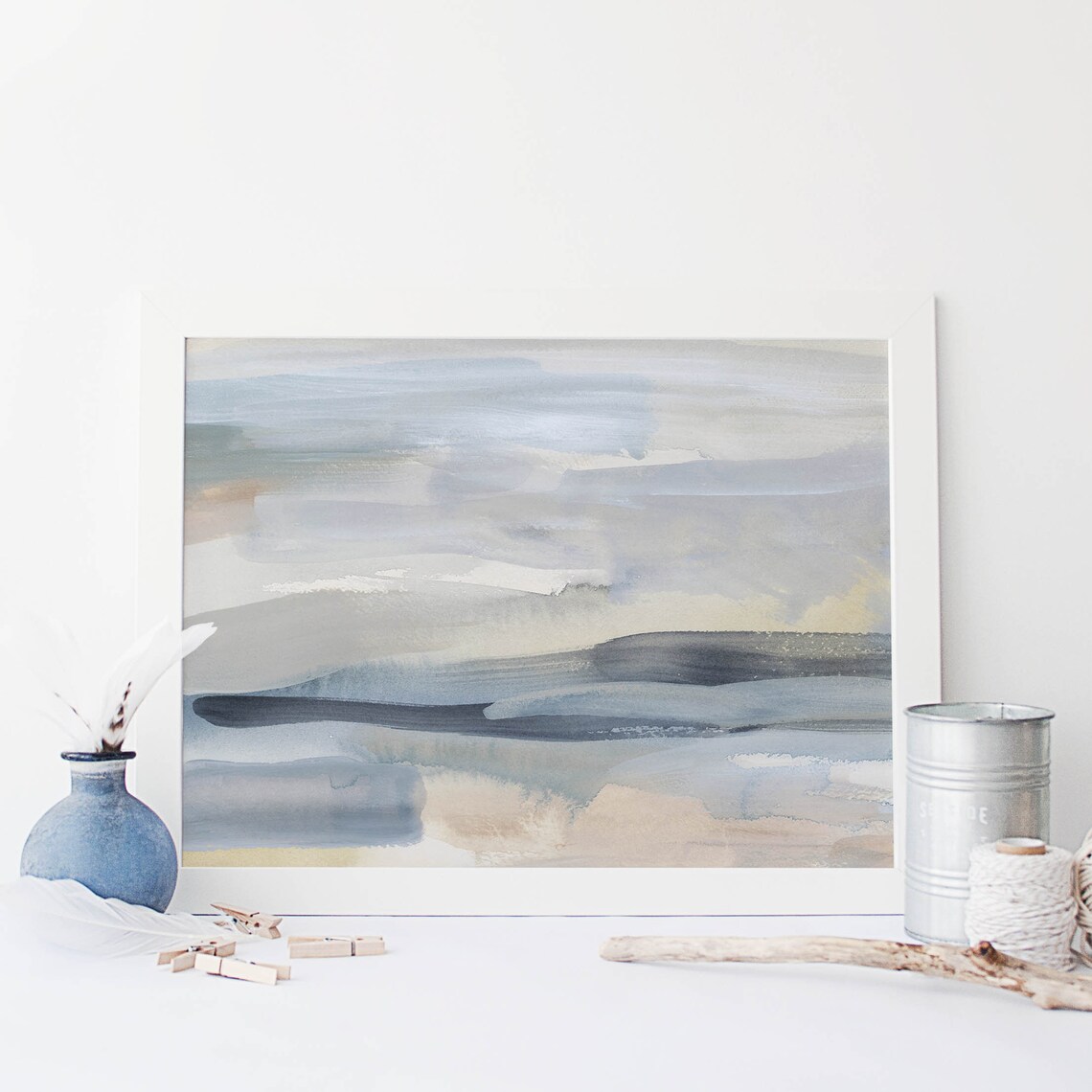 Beach Print Ocean Art Statement Painting Slate Blue and Tan - Etsy