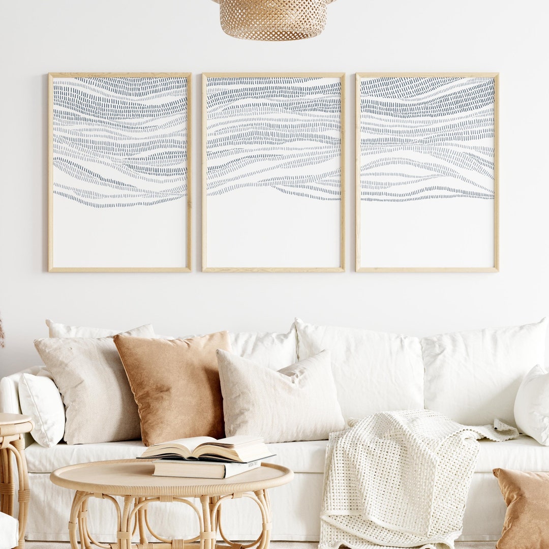 Coastal Wave Print Set | Abstract Ocean Art in Slate Blue, Modern Minimalist Triptych | "the ...