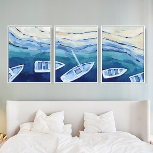 Greek Coastal Seascape Painting | Turquoise and Blue Boats in Water Art ...