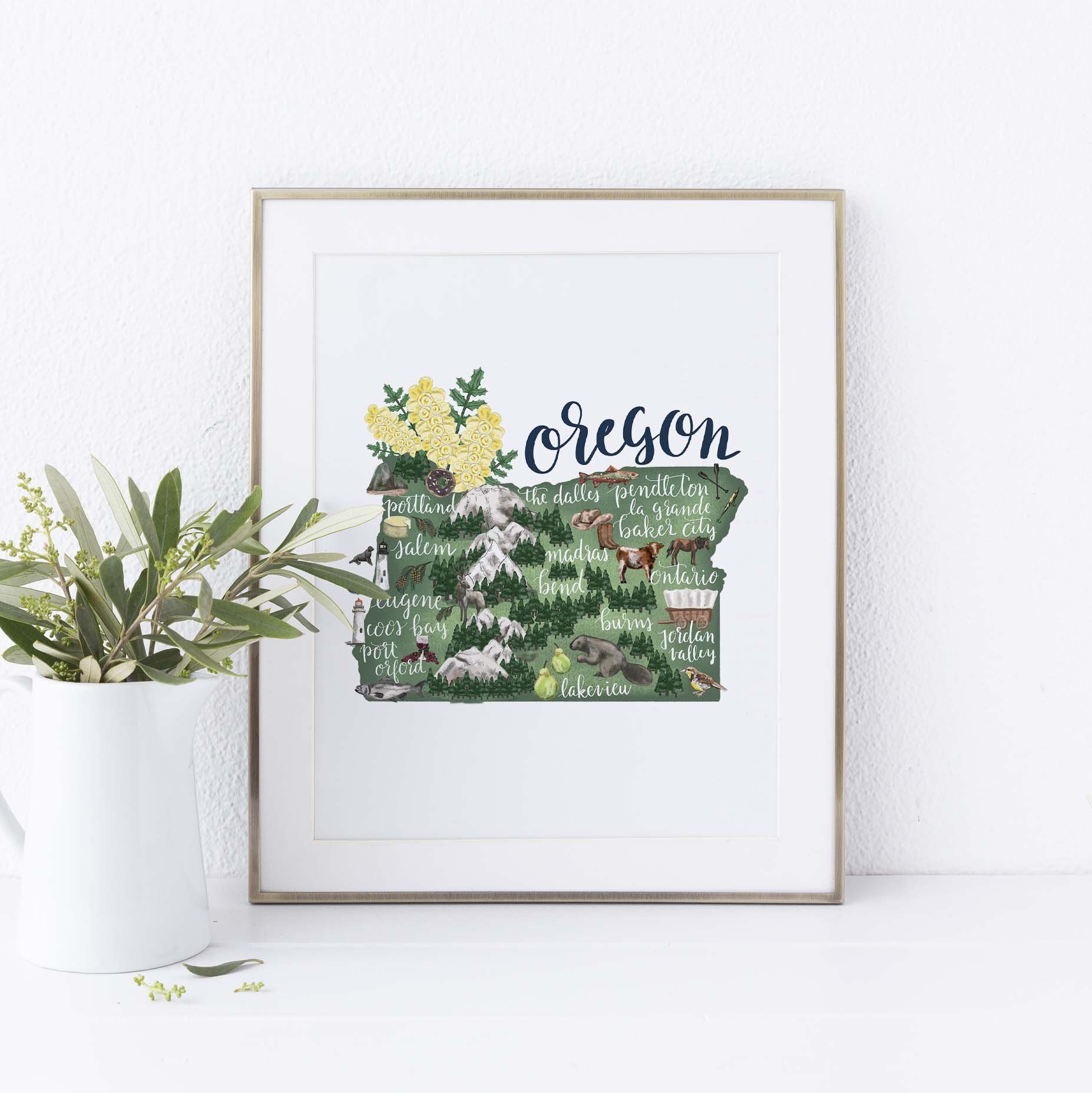 Oregon Wall Art Print State Map Illustration Portland Poster - Etsy