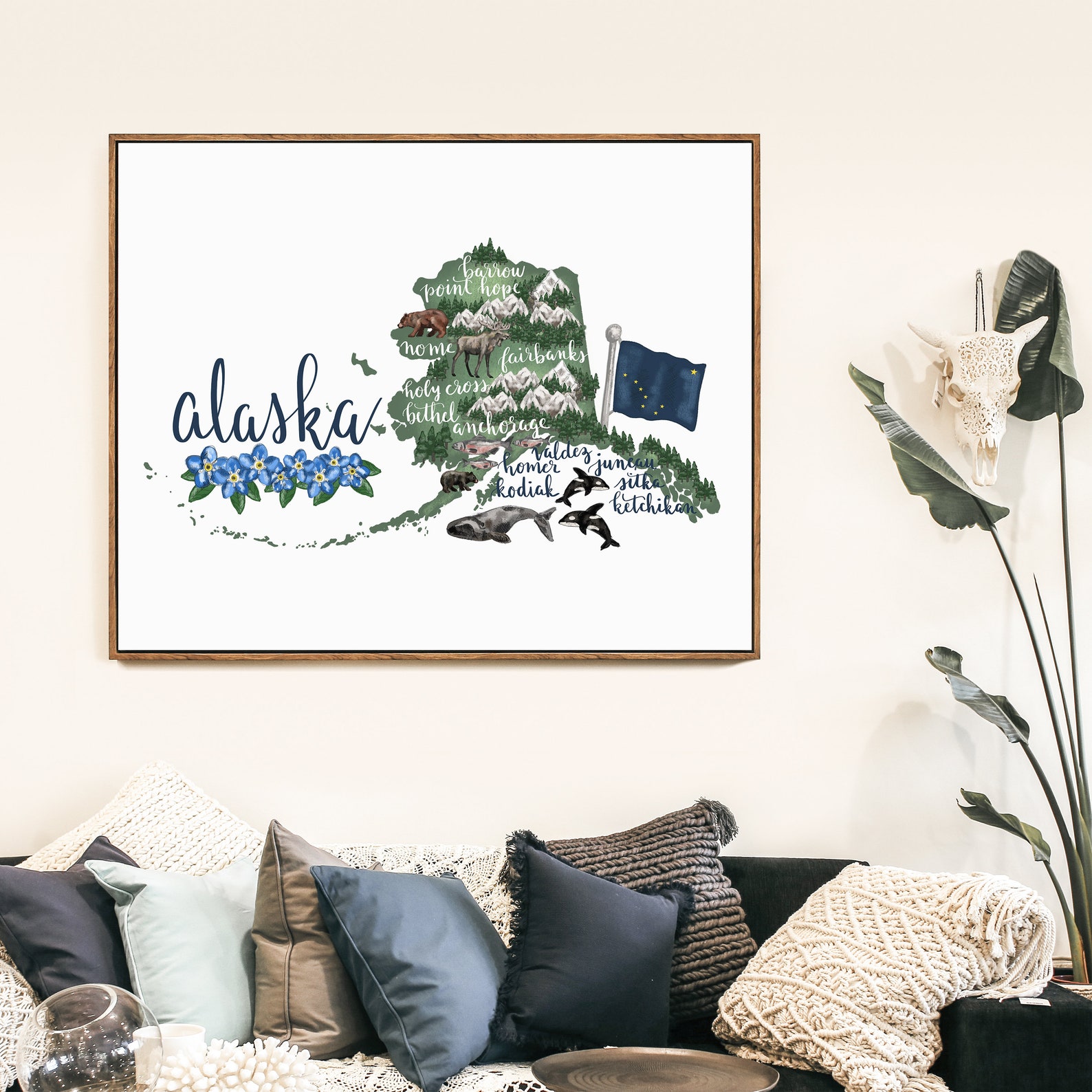 Alaska State Poster Gift Map AK Hometown Illustrated Poster Decor Wall ...